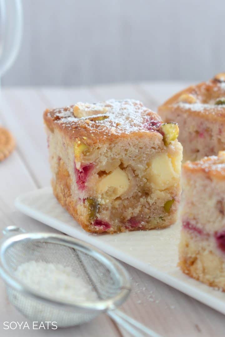 White Chocolate and Raspberry Blondies - Egg-Free Recipe | Soya Eats